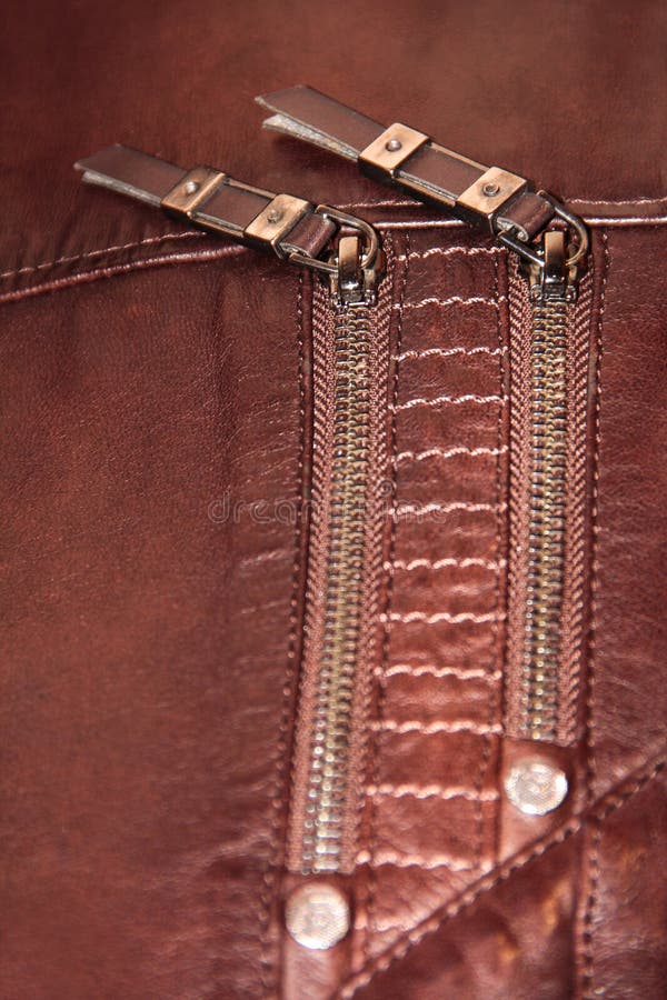 Two Zippers on Brown Leather Stock Photo - Image of close, fastener ...