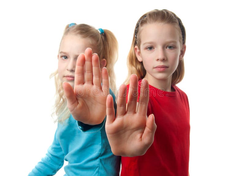 Twogirls Making Stop Sign with Hand Stock Image - Image of prohibit ...
