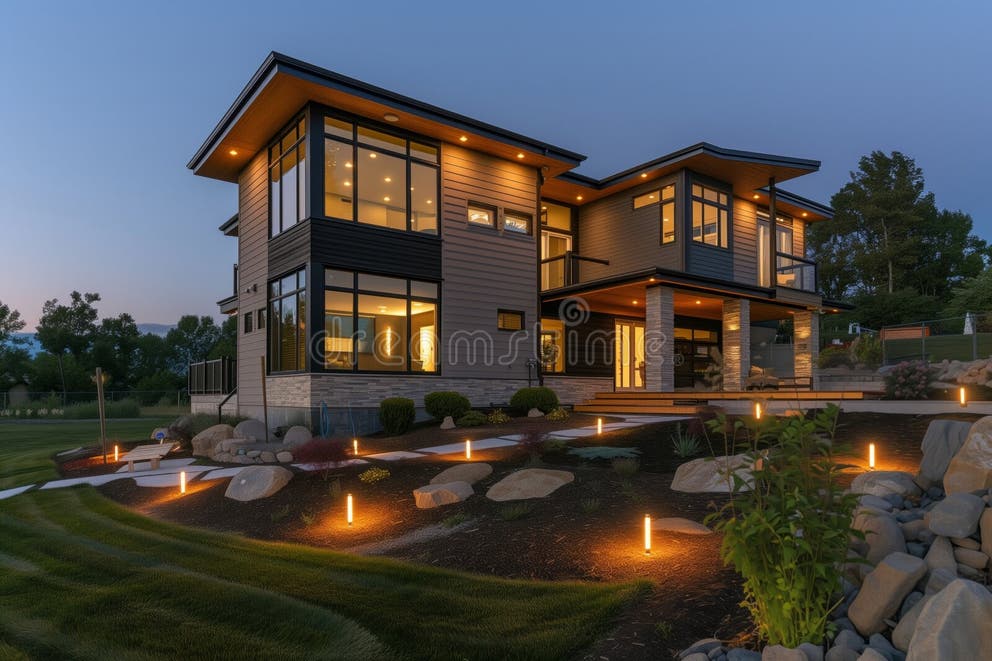 Twostory Modern Home with Led Path Lights at Dusk Stock Image - Image ...