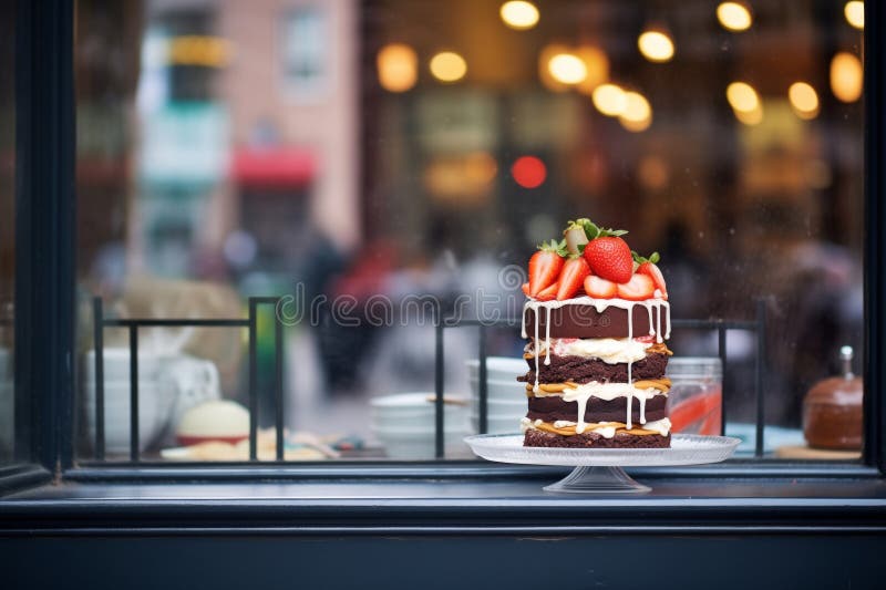 Twotiered Chocolate Cake with Fresh Strawberries in Bakery Window Stock ...