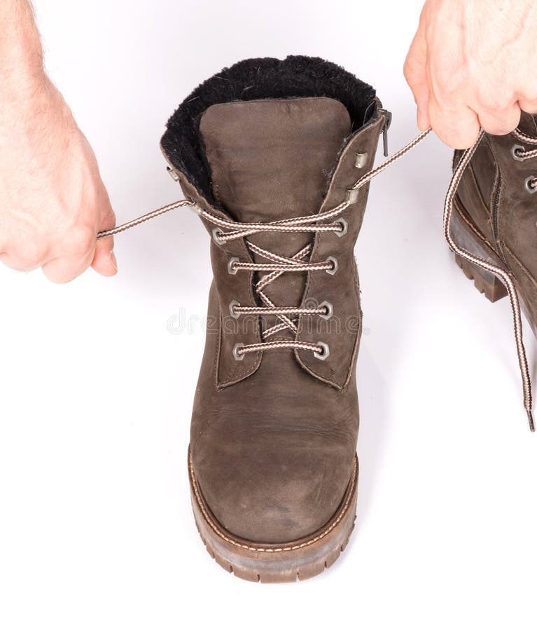 Tying Laces of a Hiking Boot, Isolated Stock Image - Image of lace ...