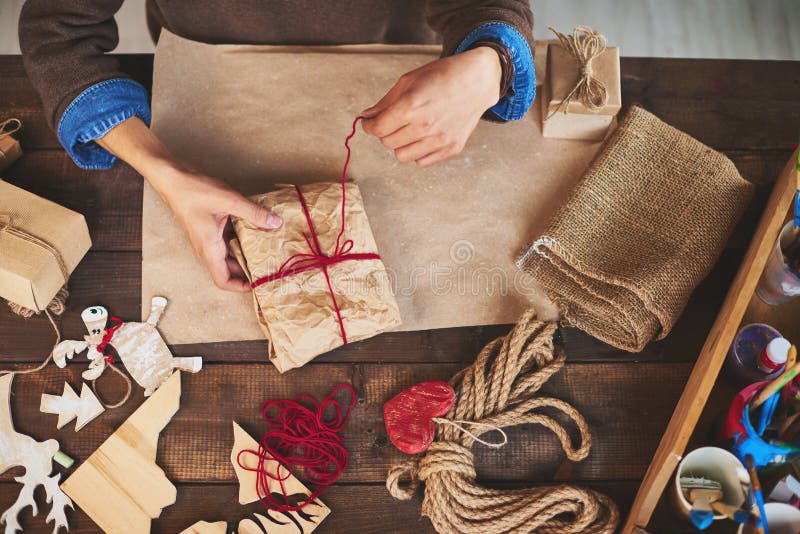 Tying Up Thread on Wrapped Present Stock Image - Image of closeup ...