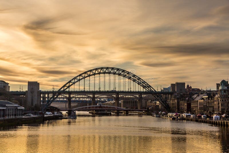 The Tyne Bridge at Sunset, Reflecting in the almost Still River Tyne ...