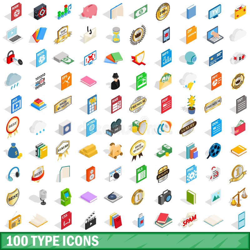 100 Type Icons Set, Isometric 3d Style Stock Vector - Illustration of ...
