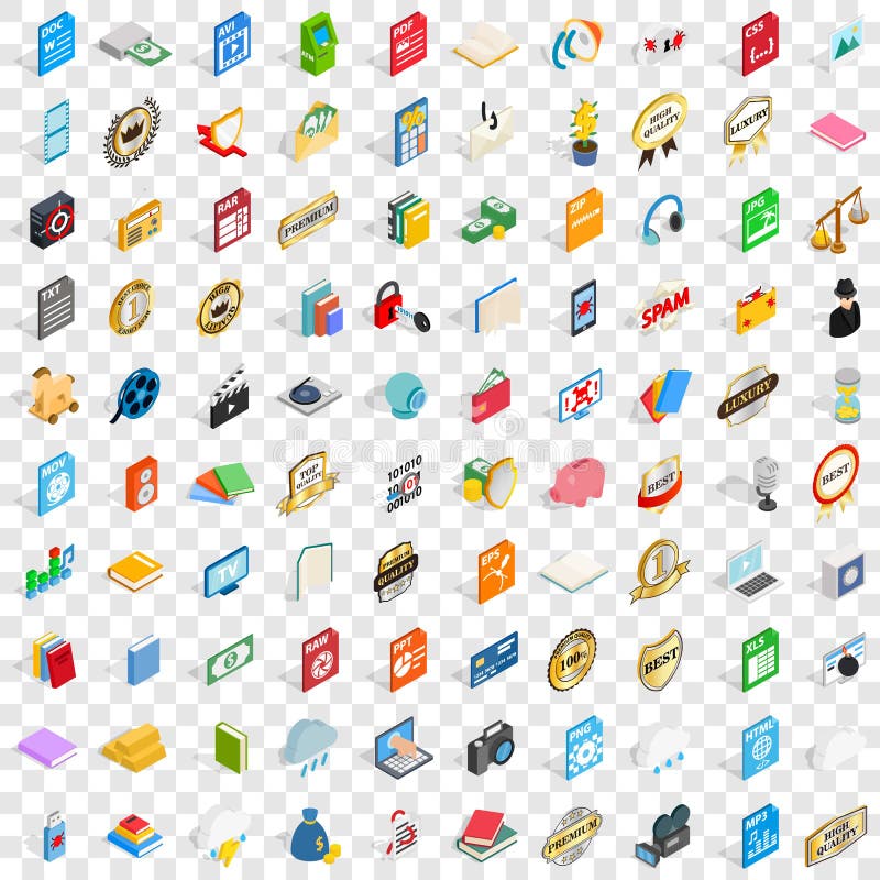 100 Type Icons Set, Isometric 3d Style Stock Vector - Illustration of ...