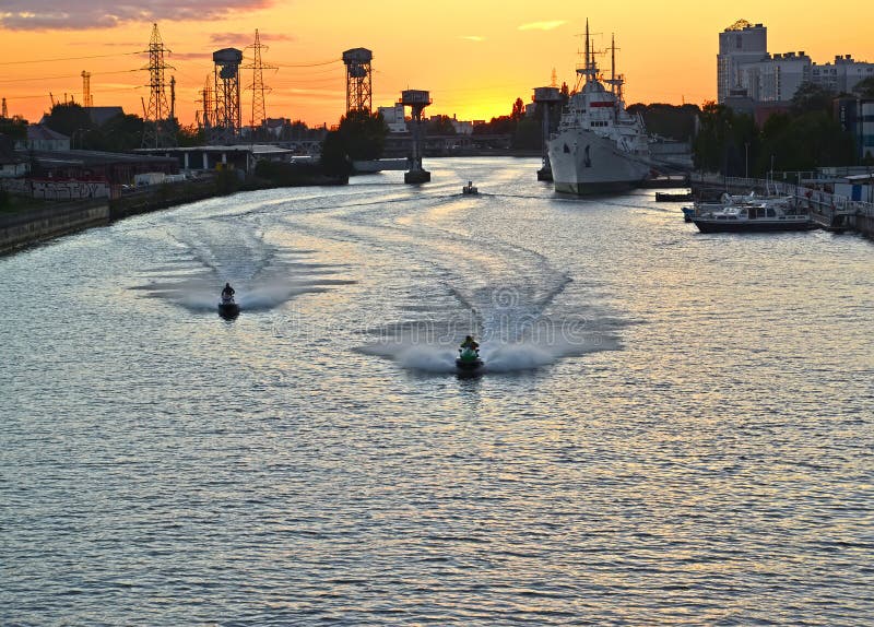 Type on the Pregolya River on Sunset. Kaliningrad Stock Image - Image ...