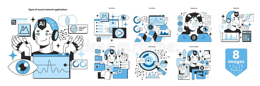 Types of Artificial Neural Network Applications Set. Self-learning Computing Stock Vector ...