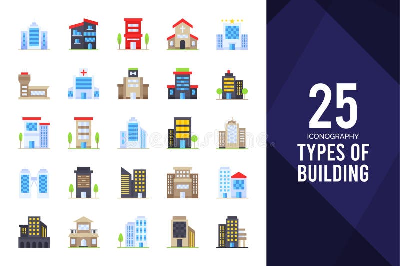 25 Types of Building Flat Icon Pack. Vector Illustration Stock Vector ...
