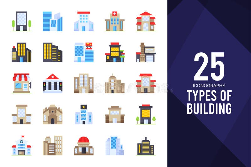 25 Types of Building Flat Icon Pack. Vector Illustration Stock Vector ...