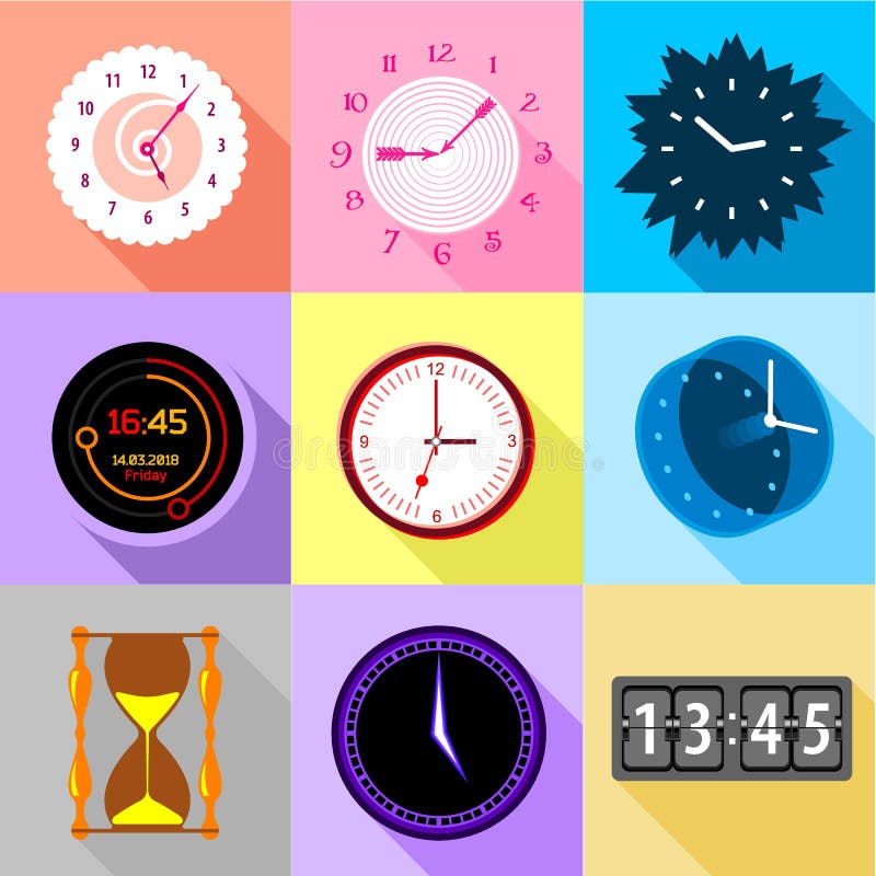 Types of Clock Icons Set, Flat Style Stock Vector - Illustration of ...
