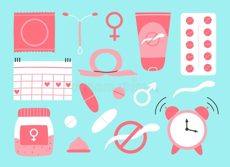 Types Of Contraception Pills Calendar Patch Condom And Coil Vector Illustration In A Flat