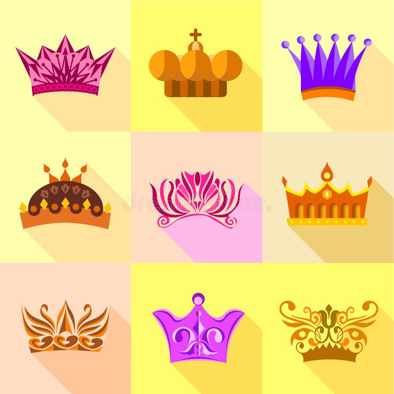 Types of Crown Icons Set, Flat Style Stock Vector - Illustration of ...