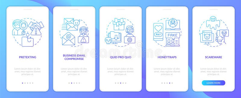 Types Of Digital Scam Blue Gradient Onboarding Mobile App Screen Stock Vector Illustration Of