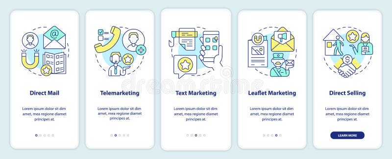Types of Direct Marketing Onboarding Mobile App Screen Stock Vector ...