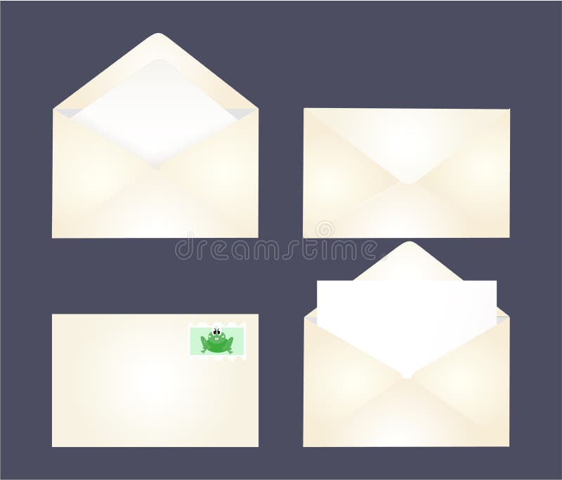 4 Types of Envelopes - Open, Closed, Front View, Back View, Frog Stamp ...