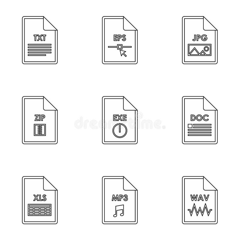 Types of Files Icons Set, Outline Style Stock Vector - Illustration of ...