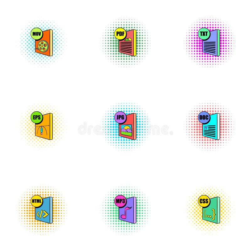 Types of Files Icons Set, Pop-art Style Stock Vector - Illustration of ...
