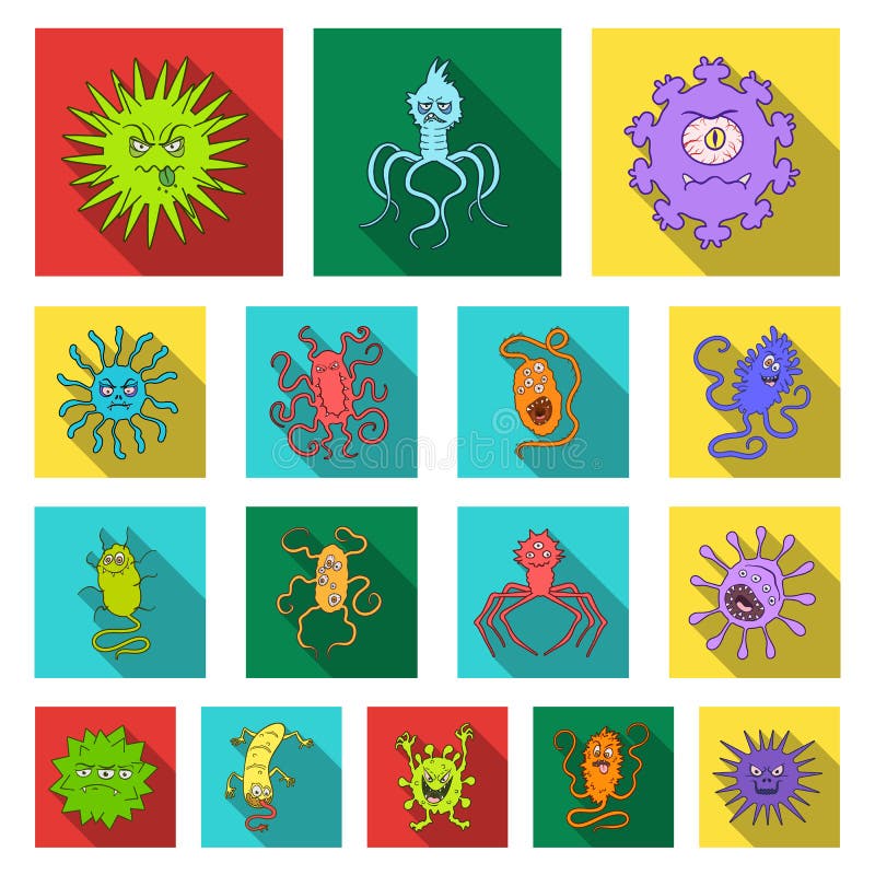 Types of Funny Microbes Flat Icons in Set Collection for Design ...