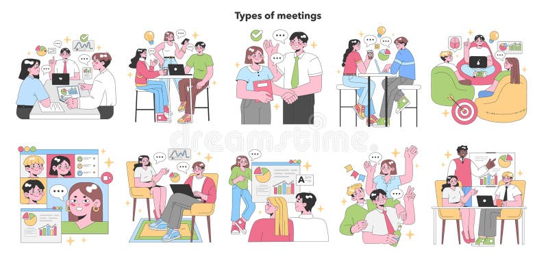 Types of Meetings Set. Flat Vector Illustration. Stock Vector ...