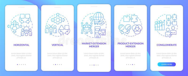 Types of Mergers Blue Gradient Onboarding Mobile App Screen Stock Vector - Illustration of ...