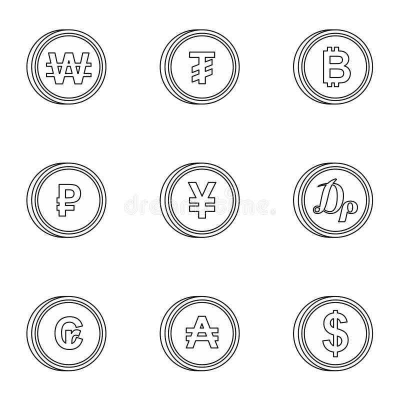 Types of Money Icons Set, Outline Style Stock Vector - Illustration of ...