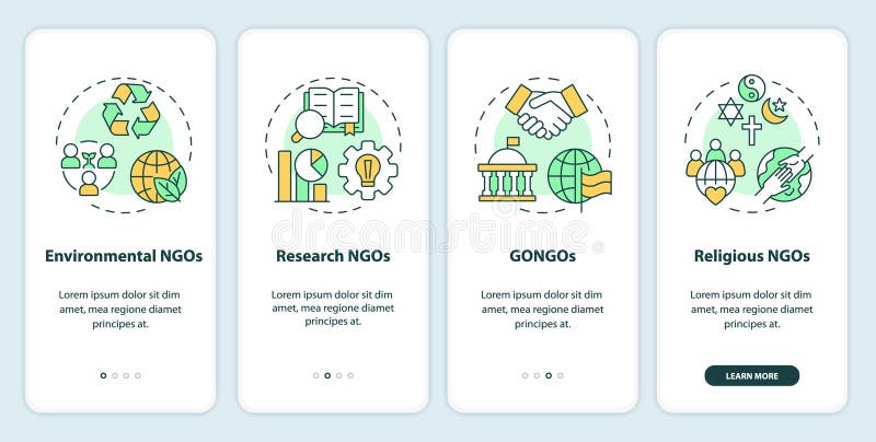 Types of NGOs Onboarding Mobile App Screen Stock Vector - Illustration ...