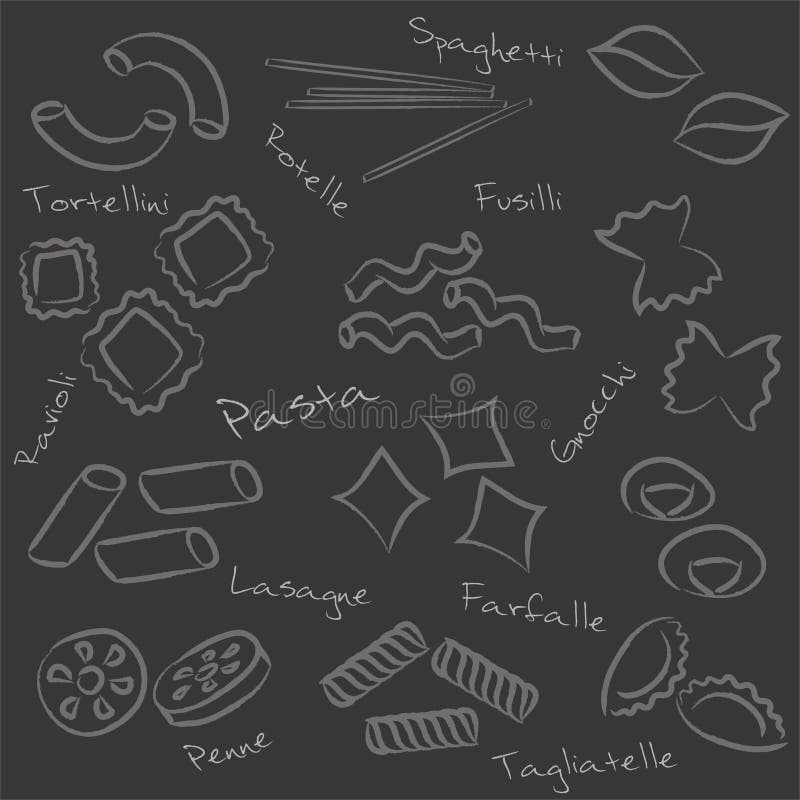 Types of Pasta Food Outline Symbols on Black Board Stock Vector ...