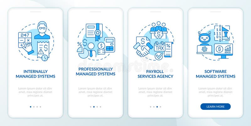 Types of Payroll Systems Blue Onboarding Mobile App Screen Stock Vector ...