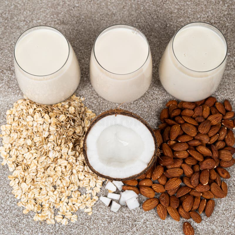 Types of Plant-based Milk in Glasses. Oat, Coconut and Almond Milk ...