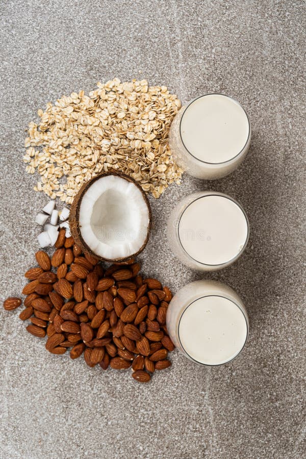 Types of Plant-based Milk in Glasses. Oat, Coconut and Almond Milk ...