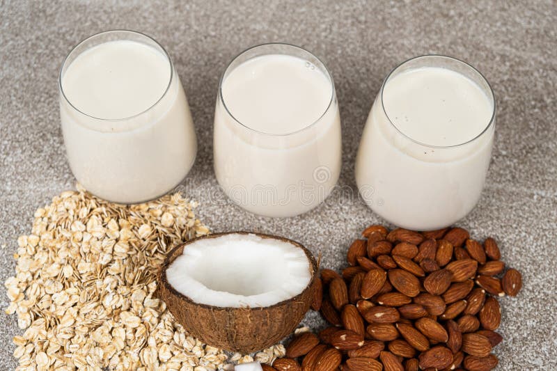 Types of Plant-based Milk in Glasses. Oat, Coconut and Almond Milk ...