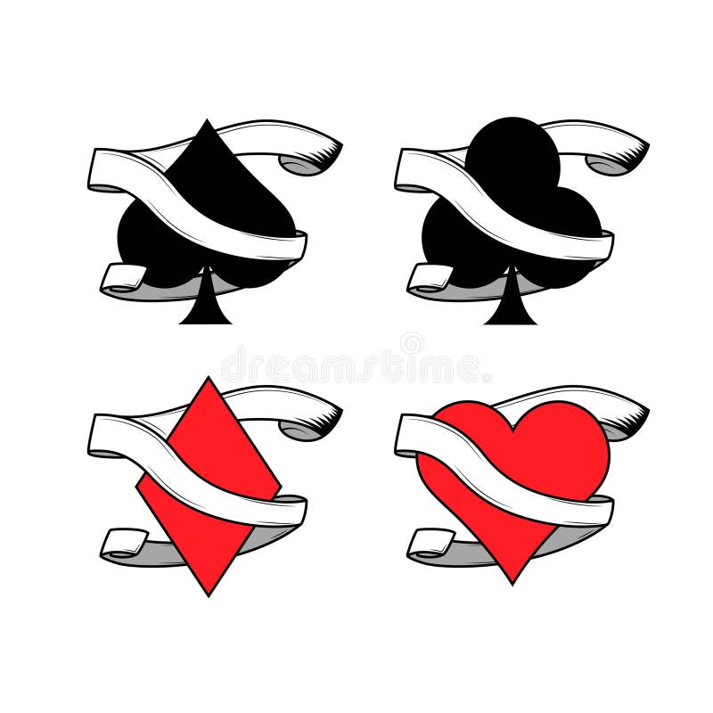 4 Types of Playing Cards Pips Symbols with a Banner Scroll Around Stock ...