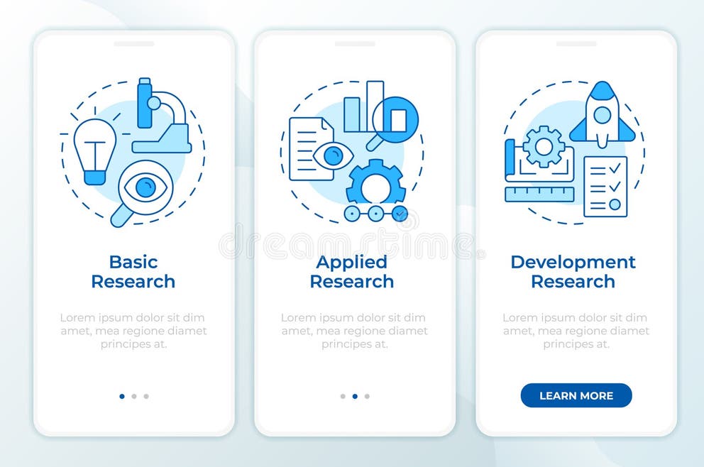 Types of Research and Development Blue Onboarding Mobile App Screen ...
