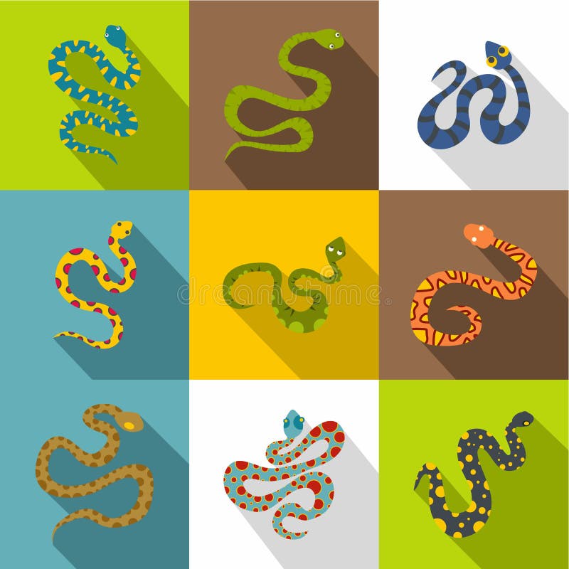 Types of Snakes Icons Set, Flat Style Stock Vector - Illustration of flat, collection: 98509370