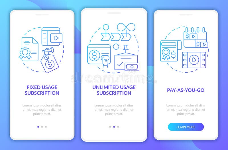 Types of Subscription Blue Gradient Onboarding Mobile App Screen Stock ...