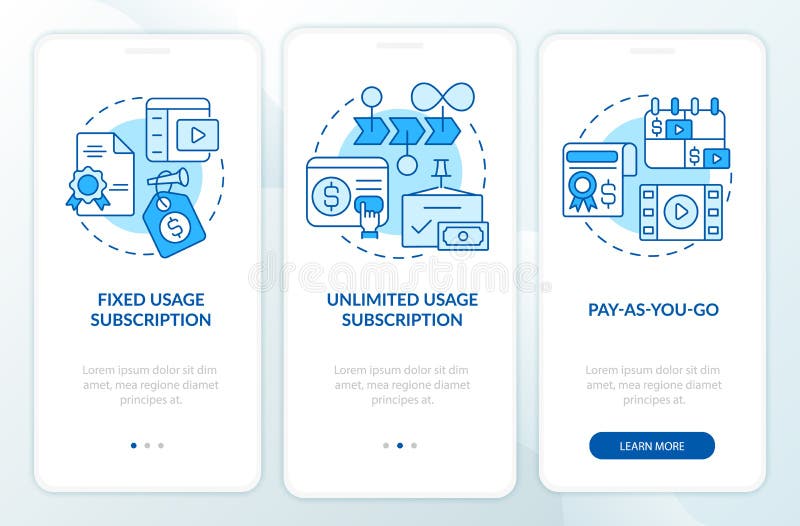 Types of Subscription Blue Onboarding Mobile App Screen Stock Vector ...