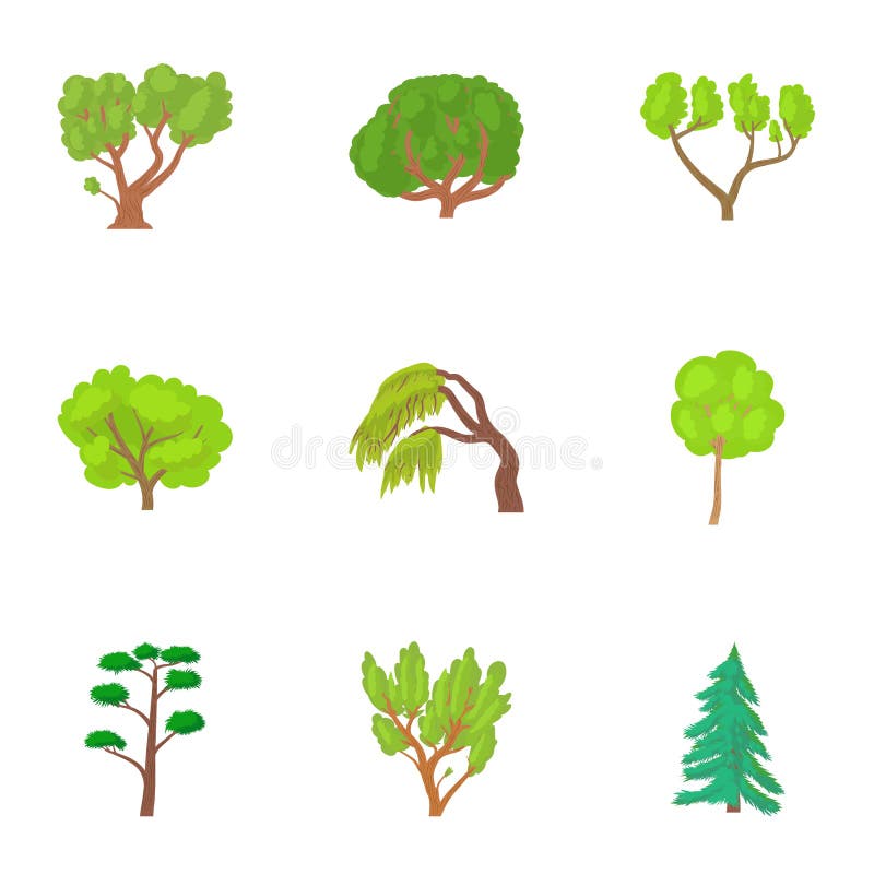 Types of Trees Icons Set, Cartoon Style Stock Vector - Illustration of ...