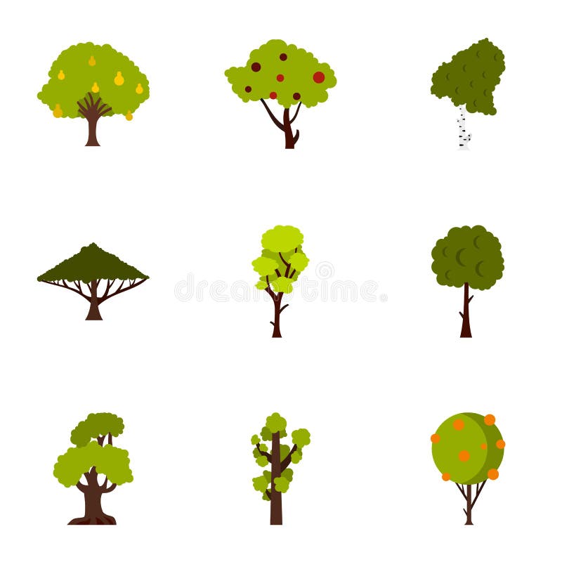 Types of Trees Icons Set, Flat Style Stock Vector - Illustration of ...