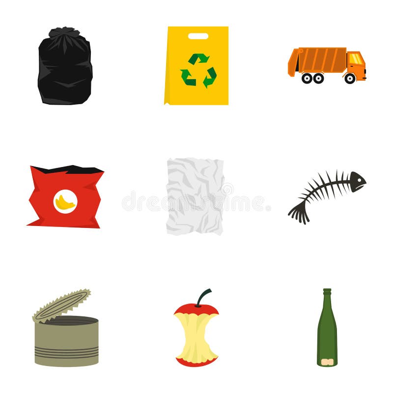 Types of Waste Icons Set, Flat Style Stock Vector - Illustration of ...
