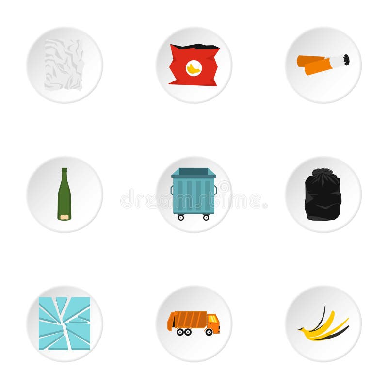 Types of Waste Icons Set, Flat Style Stock Vector - Illustration of ...