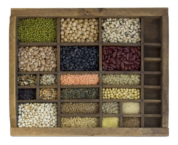 Typesetter Case with Assorted Beans, Grains, Seeds Stock Image - Image ...