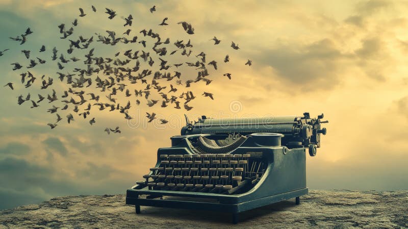 Typewriter with Birds Taking Flight in the Evening Sky Stock Photo ...