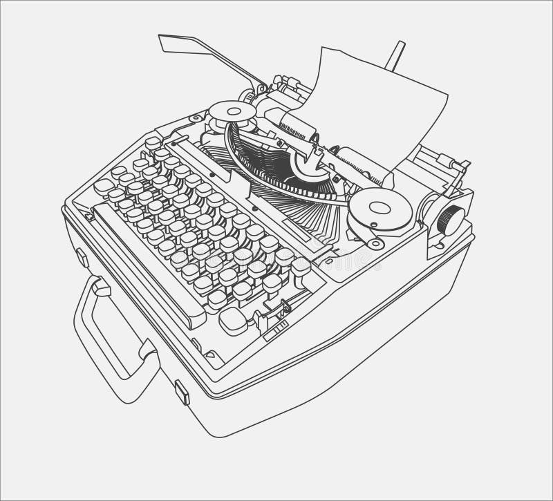 Drawing of Old Typewriter with a Paper in Black and White Vintage Stock ...