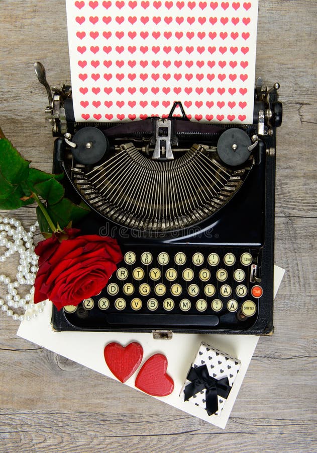 Typewriter with Hearts and Rose Stock Photo - Image of love, wedding ...