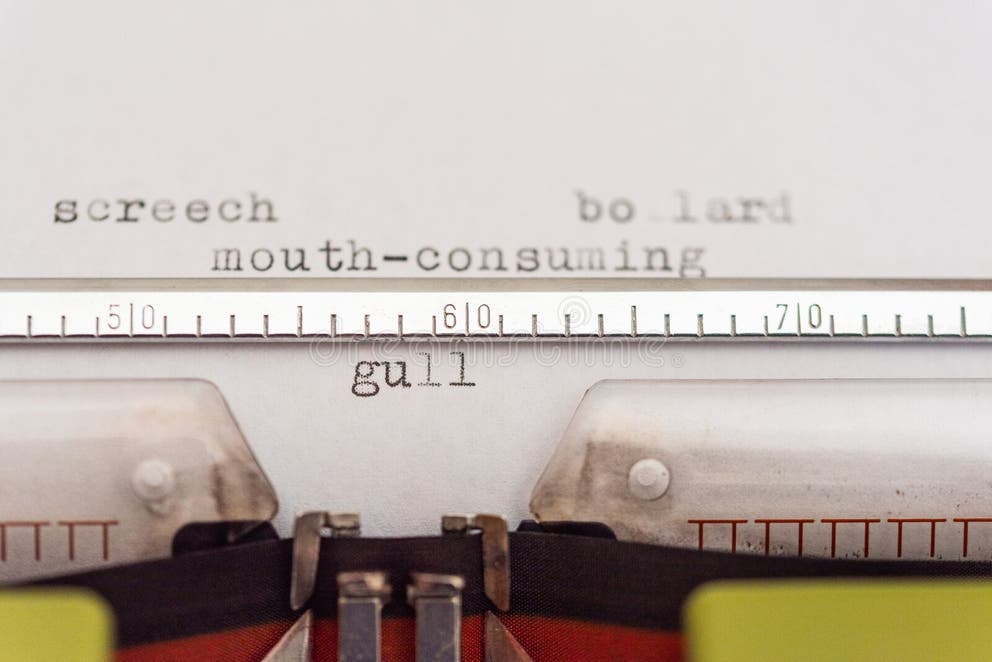 Typewriter with a Leaf and the Words Screech, Bollard, Mouth-consuming ...