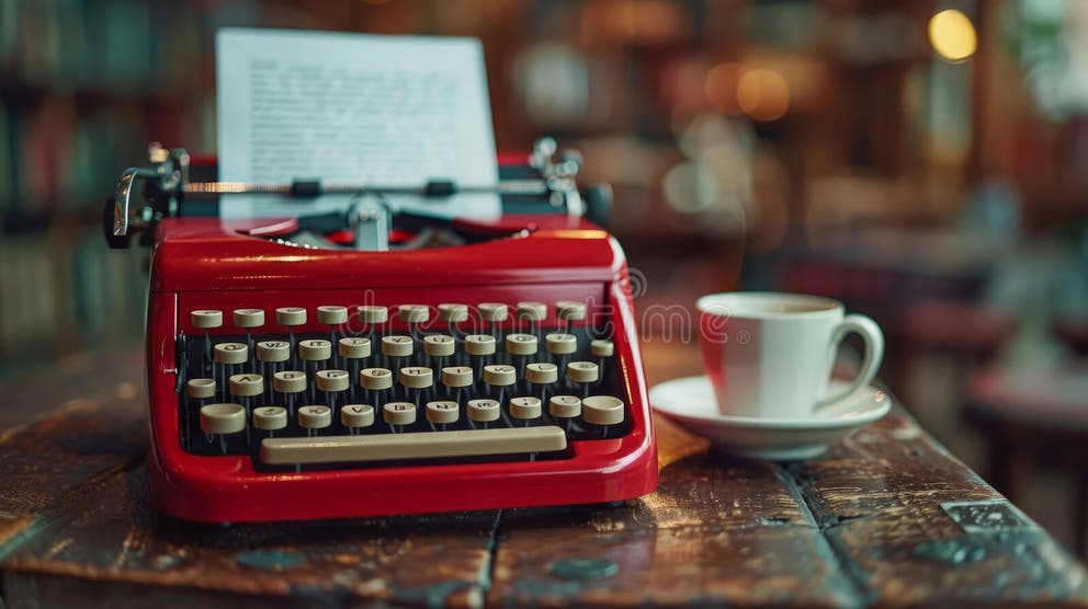 Red Vintage Typewriter with a Blank Page on a Wooden Table with a Cup ...
