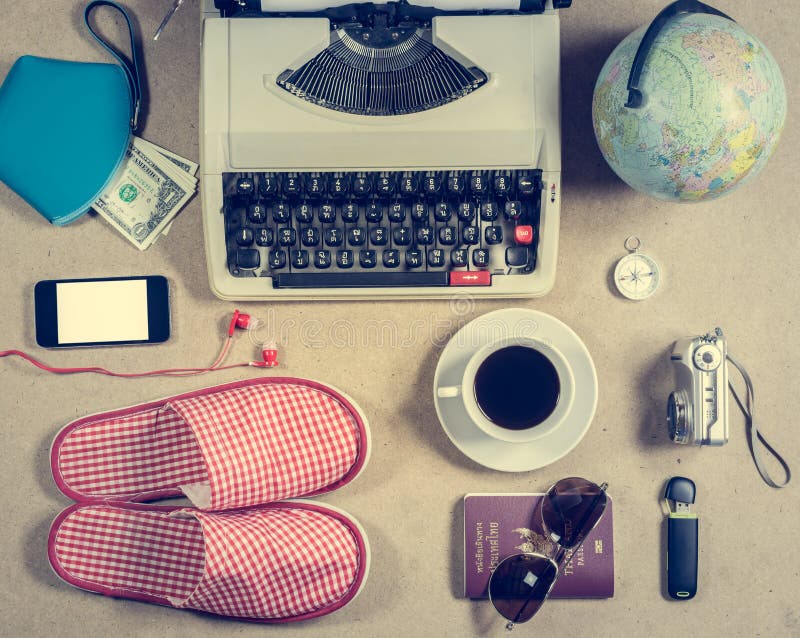 Typewriter and Personal Items on the Table Stock Image - Image of floor ...