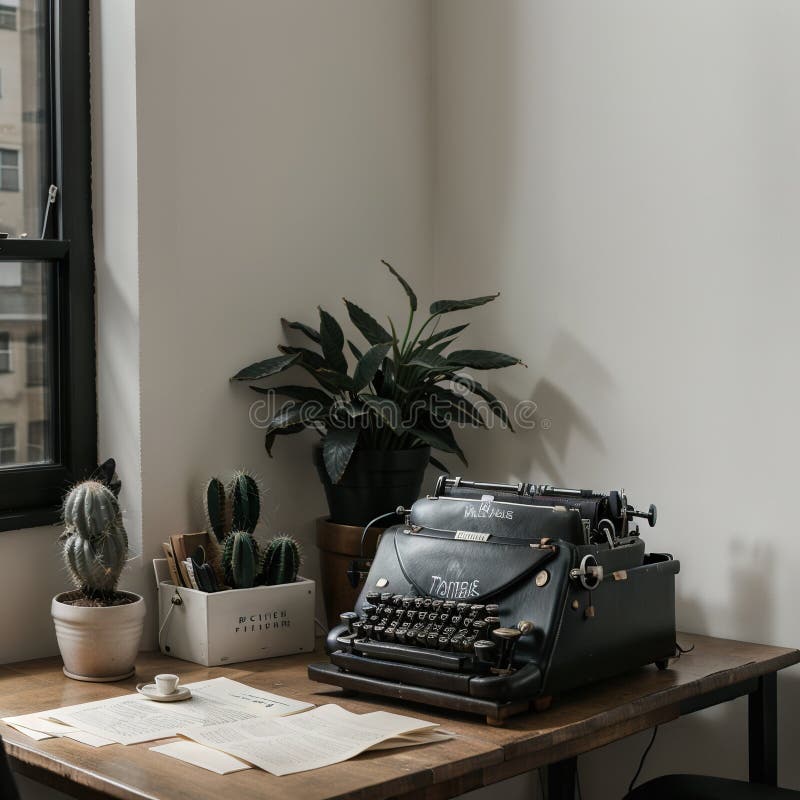 Typewriter and Stack of Papers on Dark Table in Room Writer S Workplace ...