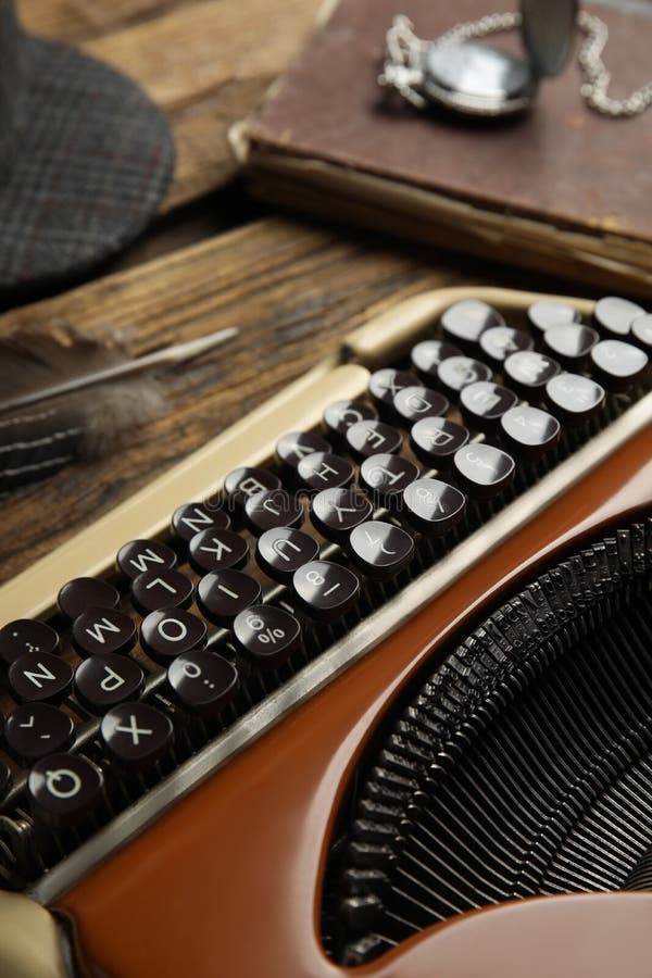 Typewriter on Wooden Table. Detective`s Workplace Stock Photo - Image ...