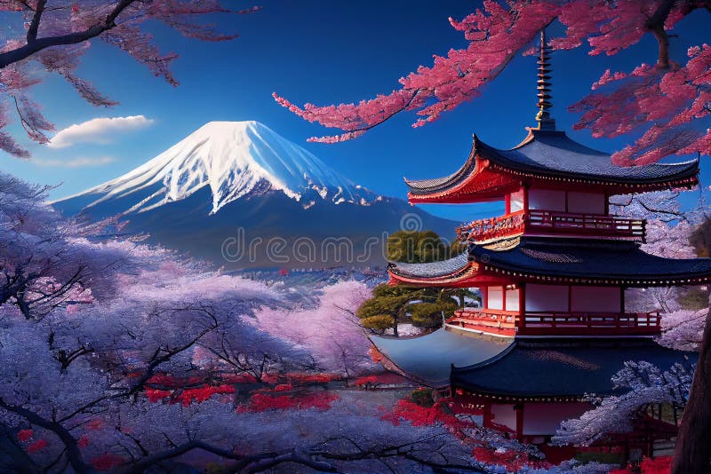 A Typical Beautiful Japanese Landscape with Cherry Blossoms and Blue ...
